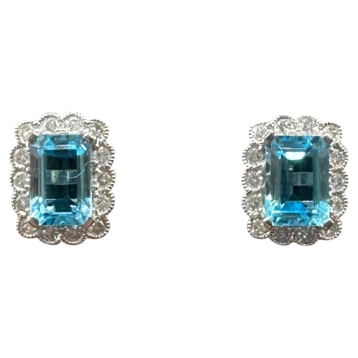 14k White Gold Rectangular Vivid Swiss Blue Topaz w/ White Topaz Stud ...