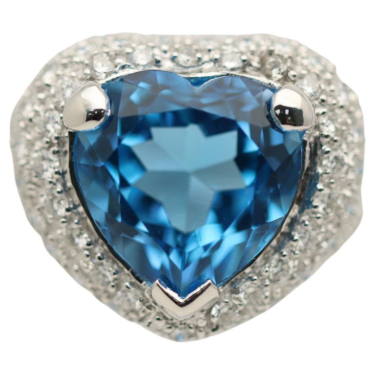 Blue Topaz Diamond Gold Heart Ring For Sale at 1stDibs