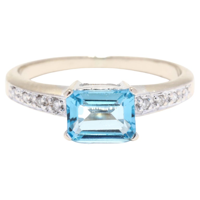 Blue Topaz Diamond Horizontal Ring, 14KT White Gold, Ring For Sale at ...