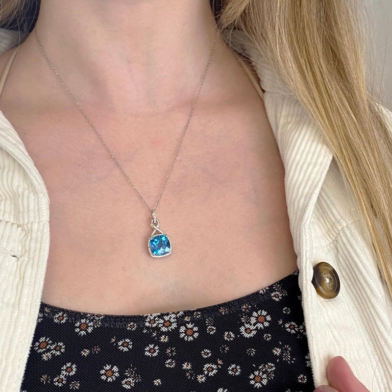 Blue Topaz Diamond Necklace with a Twist, 6 Carat Cushion Blue Topaz ...