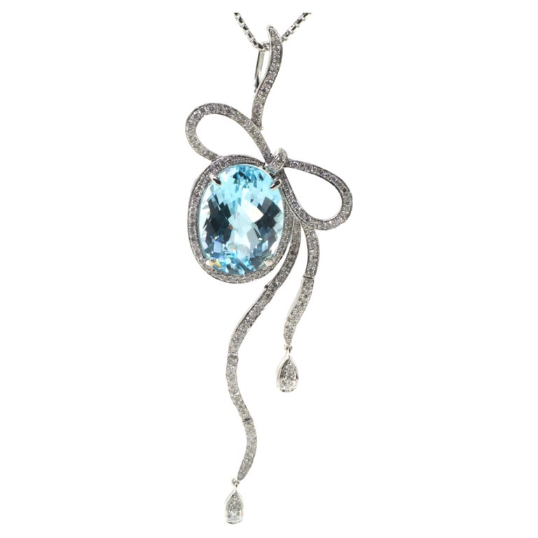 Blue Topaz Diamond Ribbon Pendant in 18 Karat White Gold For Sale at ...