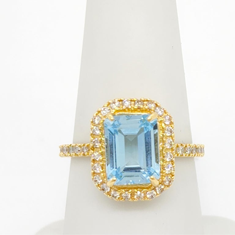 Blue Topaz Emerald Cut and White Diamond Cocktail Ring in 18k Yellow ...