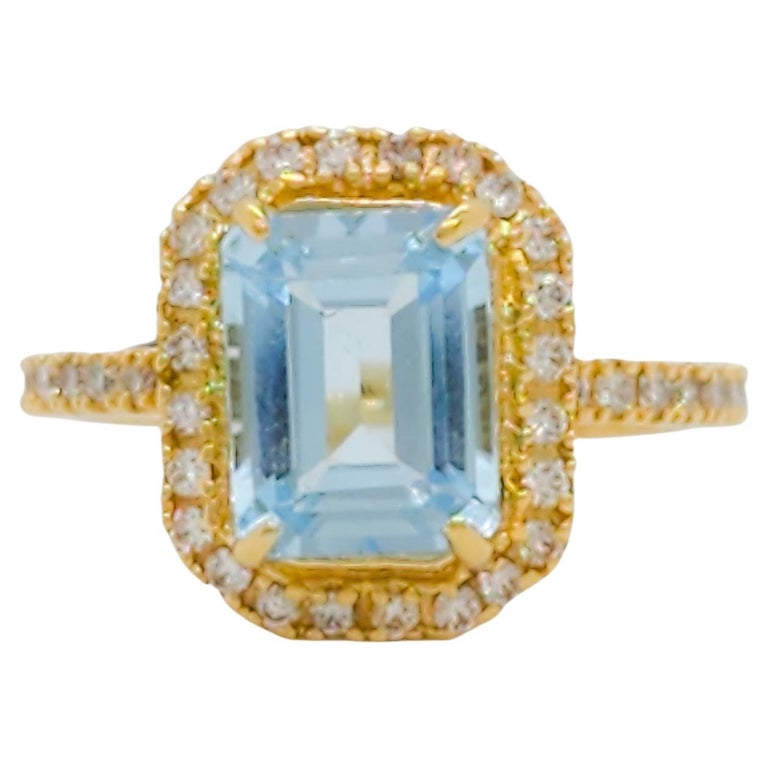 Blue Topaz Emerald Cut and White Diamond Cocktail Ring in 18k Yellow ...