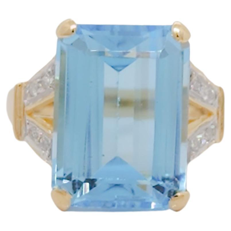 Blue Topaz Emerald Cut and White Diamond Round Ring in 14k Yellow Gold ...