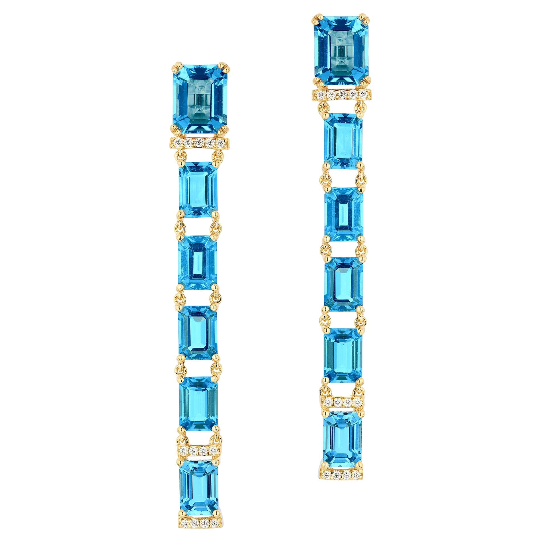 London Blue Topaz Emerald Cut with Diamond Earrings For Sale at 1stDibs