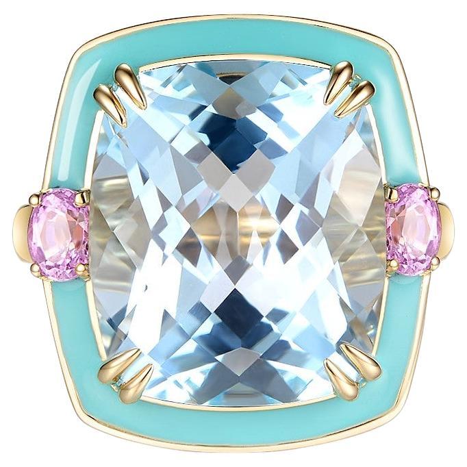 4.85 Carat Oval Blue Topaz Enamel Art Deco Cocktail Ring in 18k Yellow ...