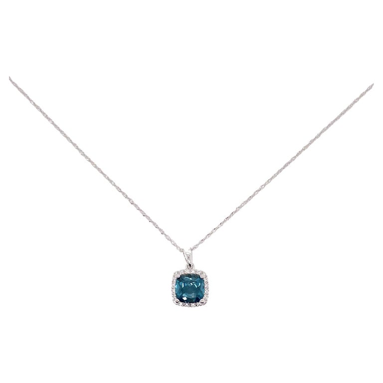Blue Topaz Necklace w Diamond Halo in 14K White Gold Midnight Blue ...
