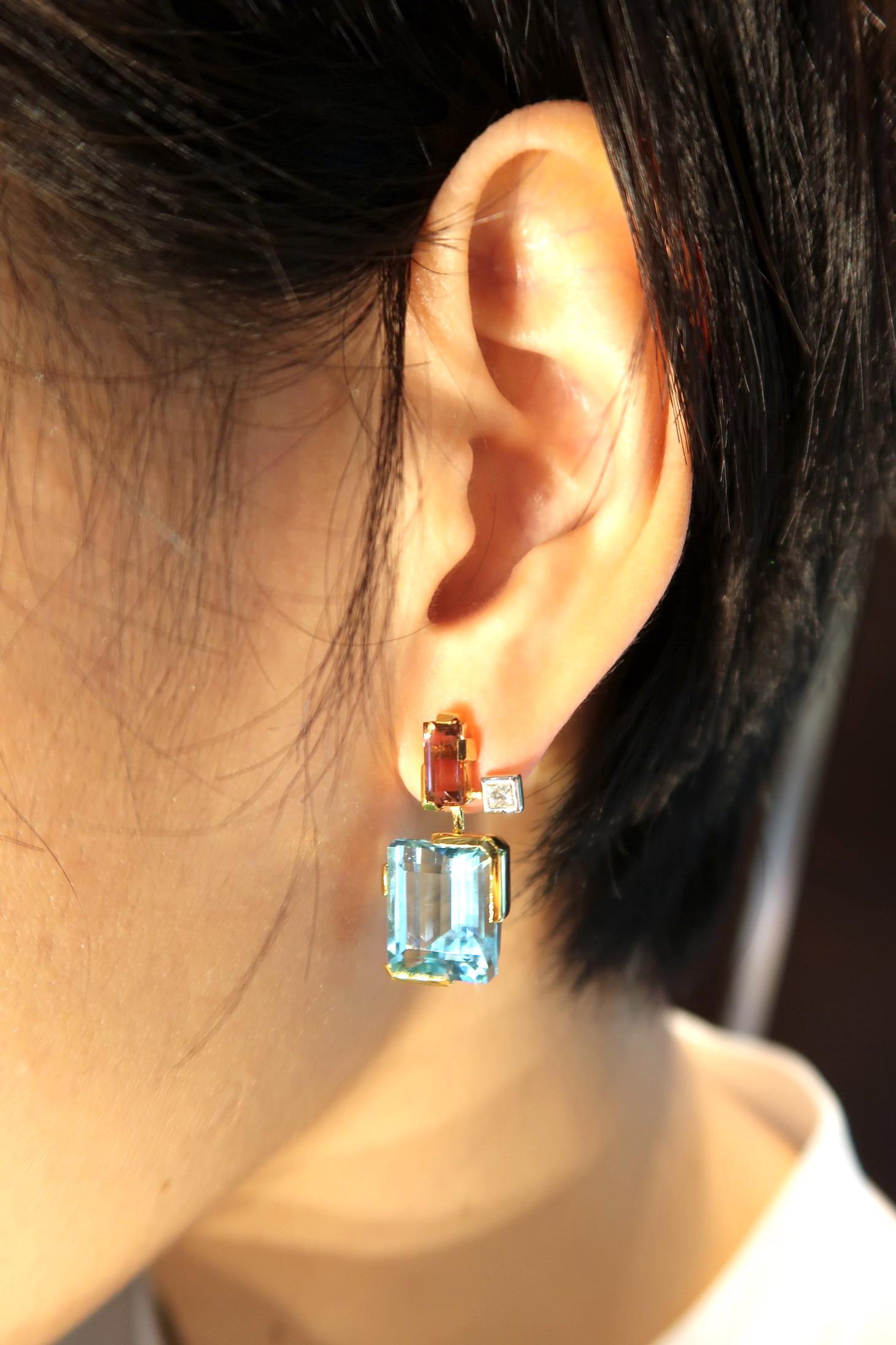 Blue Topaz Pink Tourmaline Princess Cut Diamond Sharp Minimal Line Gold ...