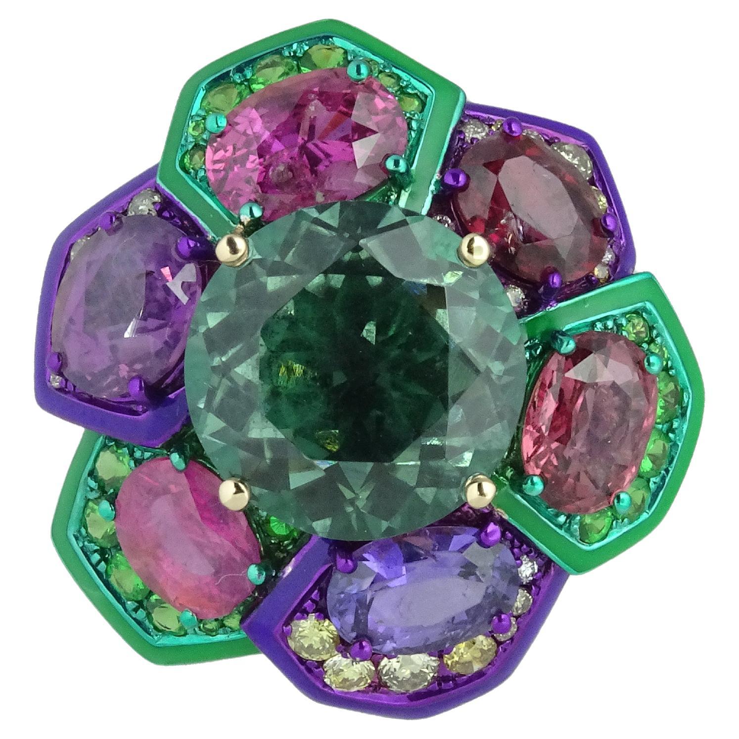 Blue Tourmaline, Color Sapphire, Tsavorite and Diamond Ring, 18K Gold ...