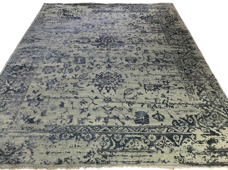 Blue Transitional Indian Wool Rug For Sale at 1stDibs