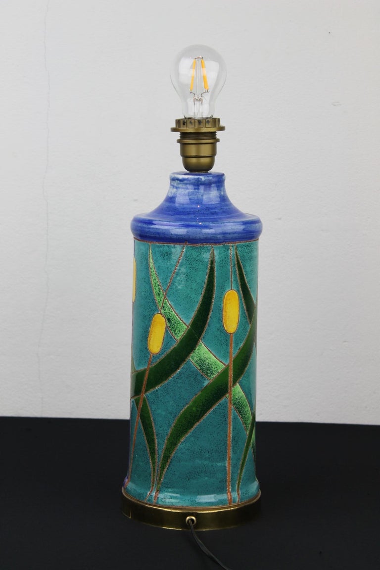 Blue Turquoise Ceramic Table Lamp with Cattail, 1970s For Sale at 1stDibs