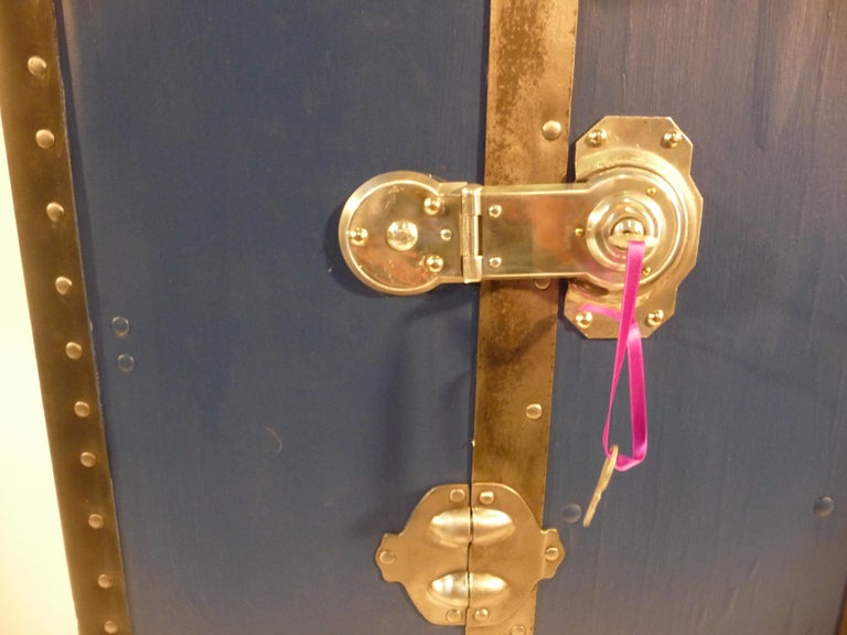 Blue Wardrobe Trunk with Suitcase and Key For Sale at 1stDibs