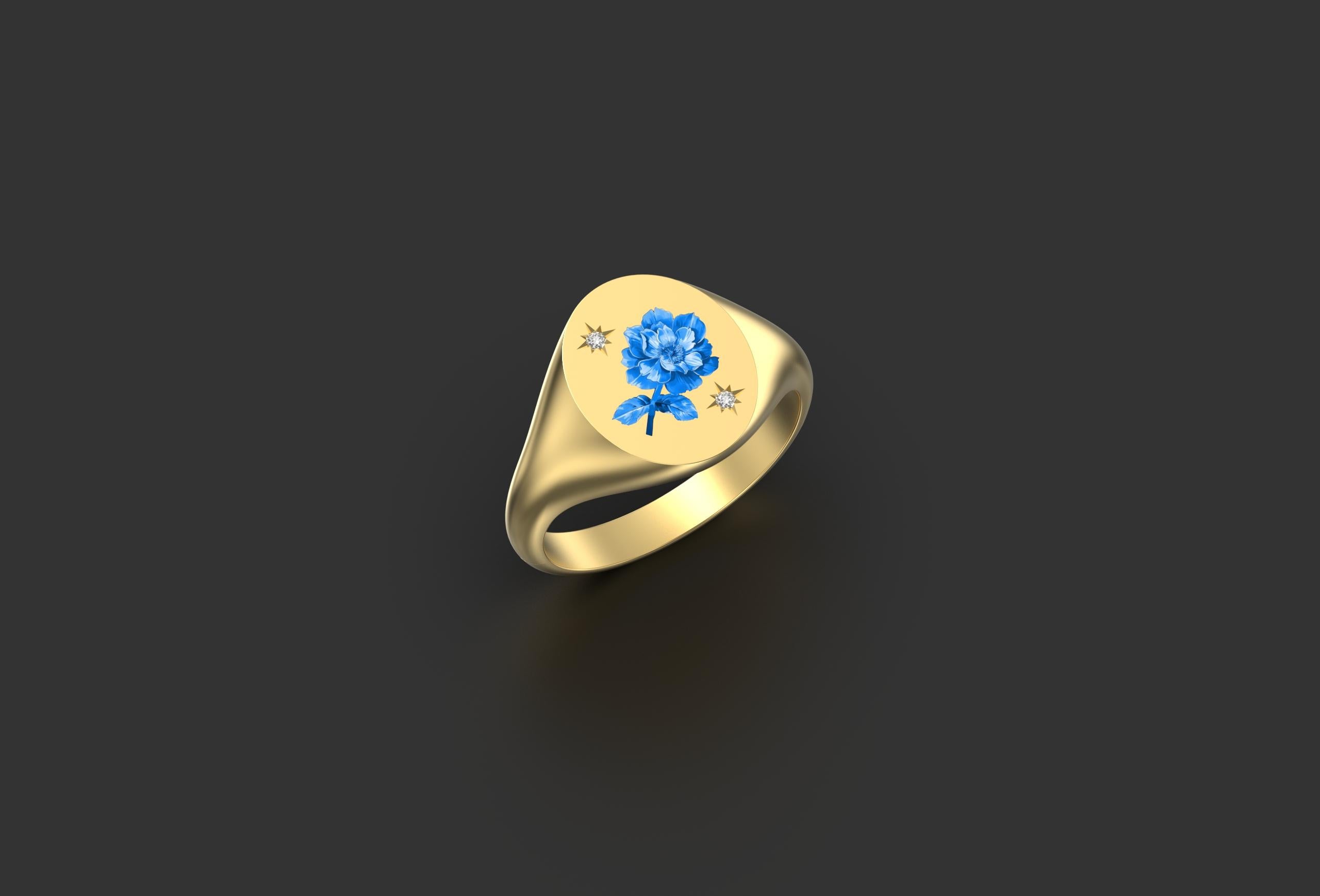 Blue and White Rose with Diamonds Oval Signet Ring, 18k yellow gold For ...