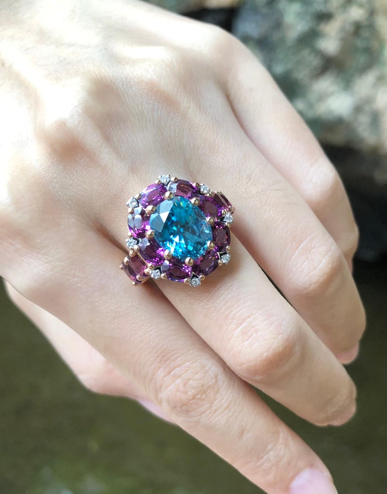 Blue Zircon, Garnet with Diamond Ring Set in 18 Karat Rose Gold ...
