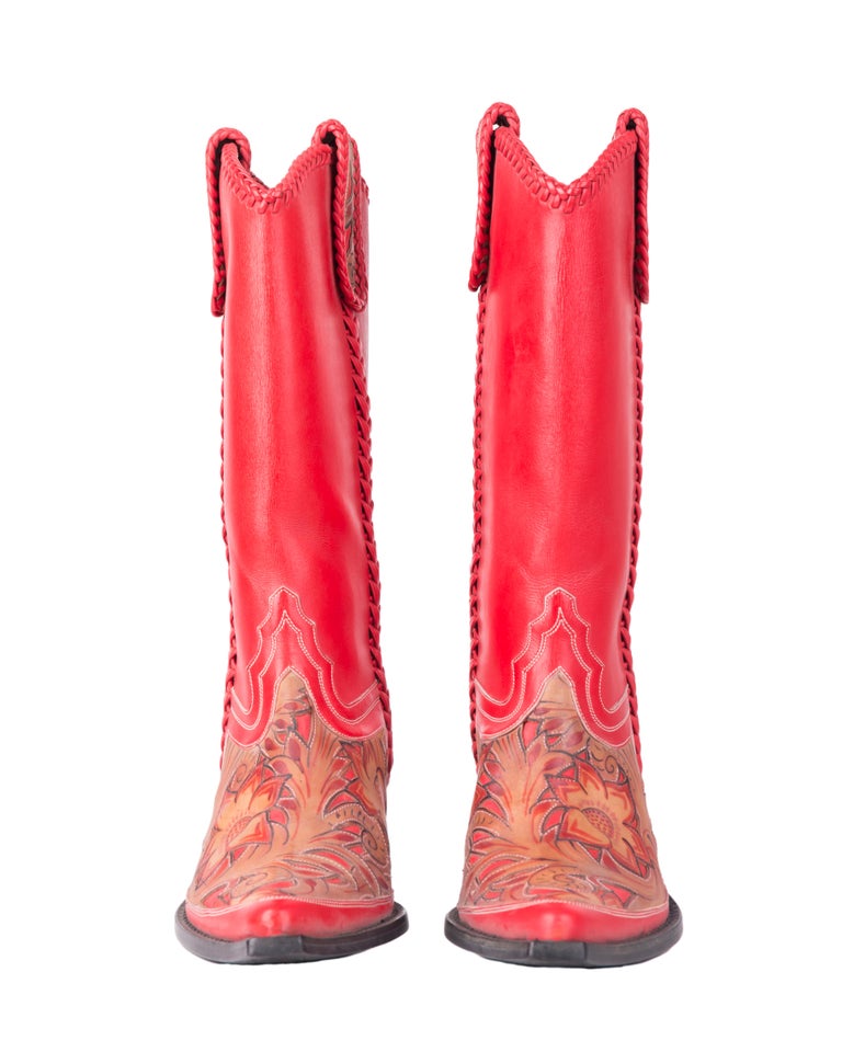 Blumarine S/S 2002 red floral hand-painted cowboy boots For Sale at 1stDibs