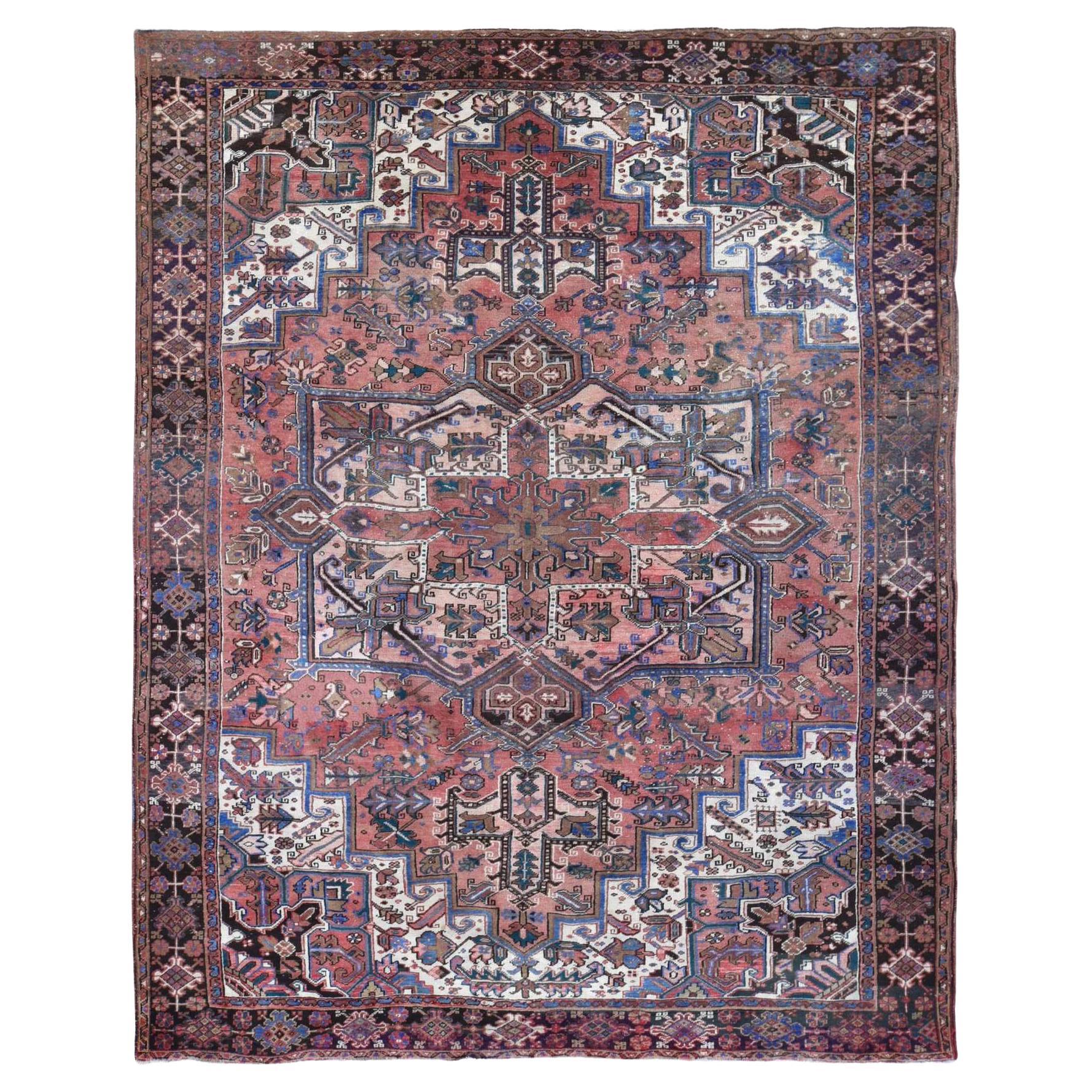 Red with Light Blue Corners Antique Persian Serapi Heriz Hand Knotted ...