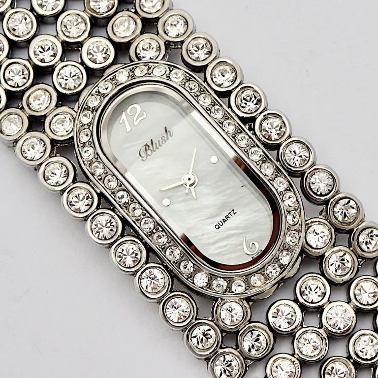 Blush Silver Tone Wide Rhinestone Quartz Watch with Mother-of-Pearl ...