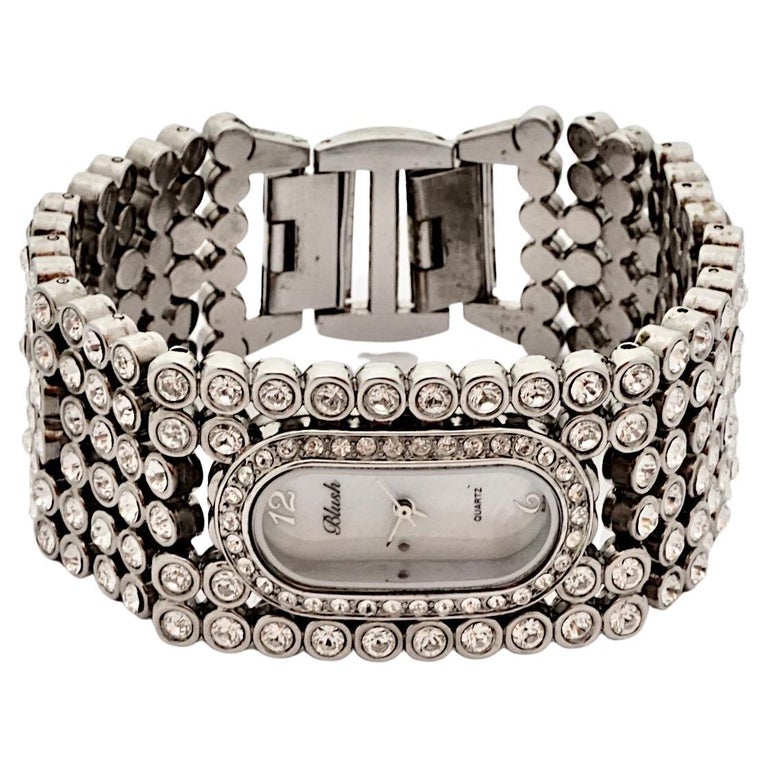 Blush Silver Tone Wide Rhinestone Quartz Watch with Mother-of-Pearl ...