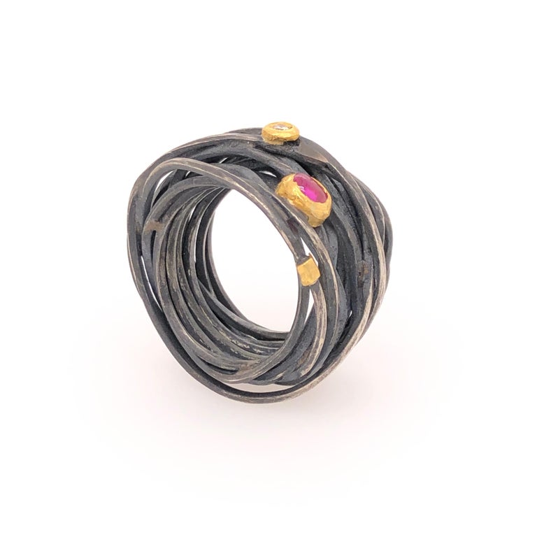 Boaz Kashi Oxidized Sterling Silver Gold Diamond and Ruby Ring at ...