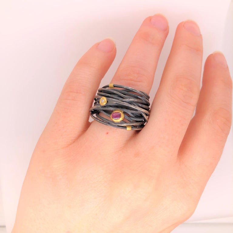Boaz Kashi Oxidized Sterling Silver Gold Diamond and Ruby Ring at ...