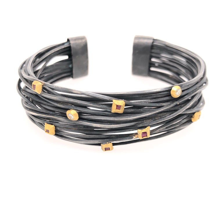 Boaz Kashi Oxidized Sterling Silver Wire Ruby Diamond Cuff For Sale at ...