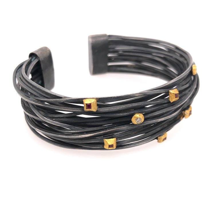 Boaz Kashi Oxidized Sterling Silver Wire Ruby Diamond Cuff For Sale at ...