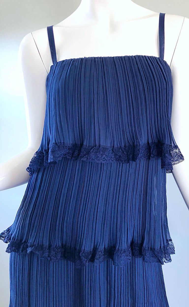 Bob Bugnand 1960s Large Navy Blue Silk Chiffon Tiered 60s Vintage ...