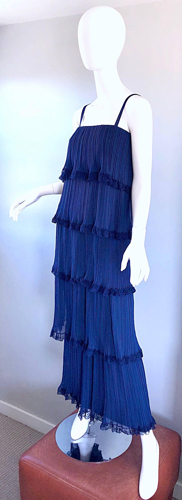 Bob Bugnand 1960s Large Navy Blue Silk Chiffon Tiered 60s Vintage ...