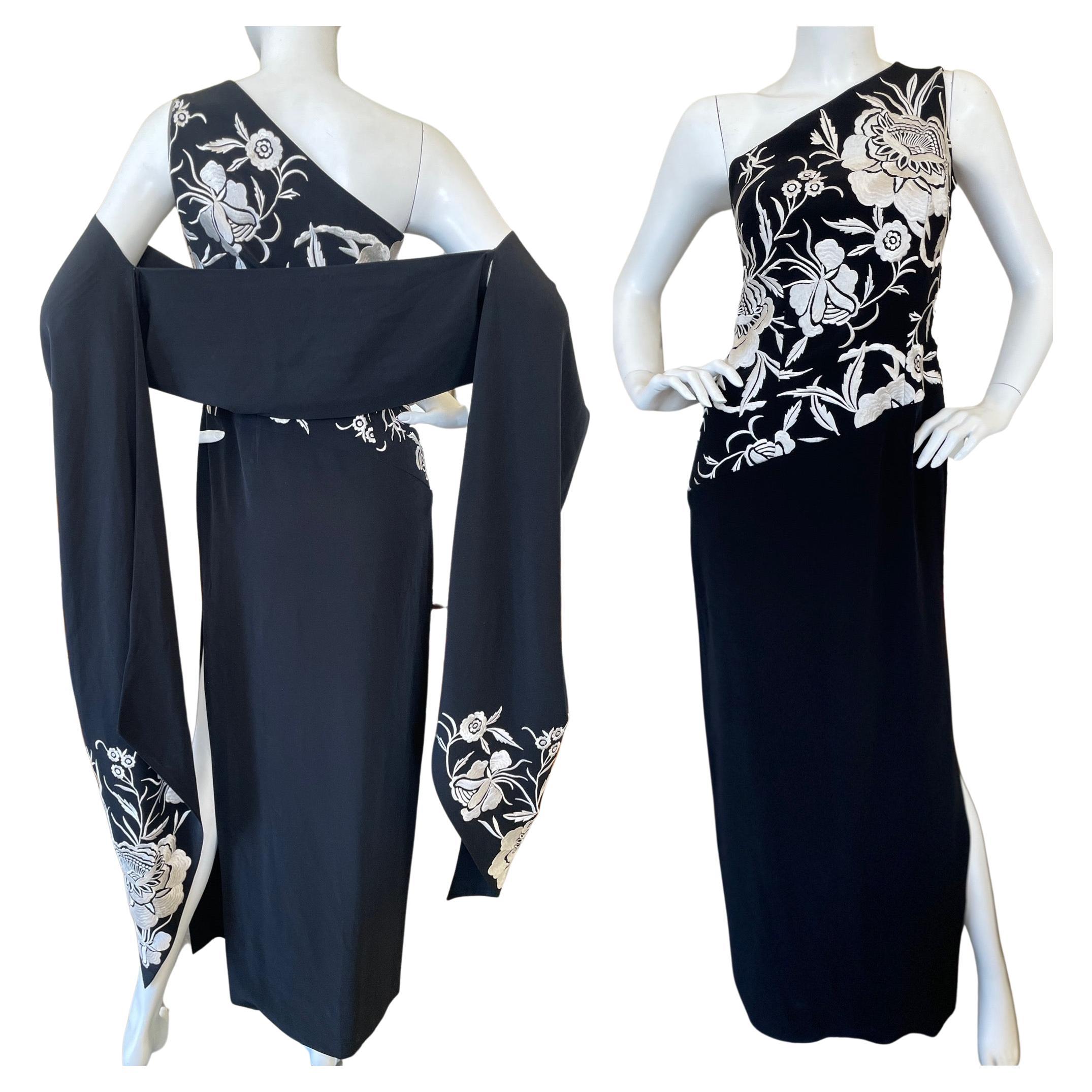 Bob Mackie 1970's One Shoulder Floral Embroidered Dress with Kimono ...