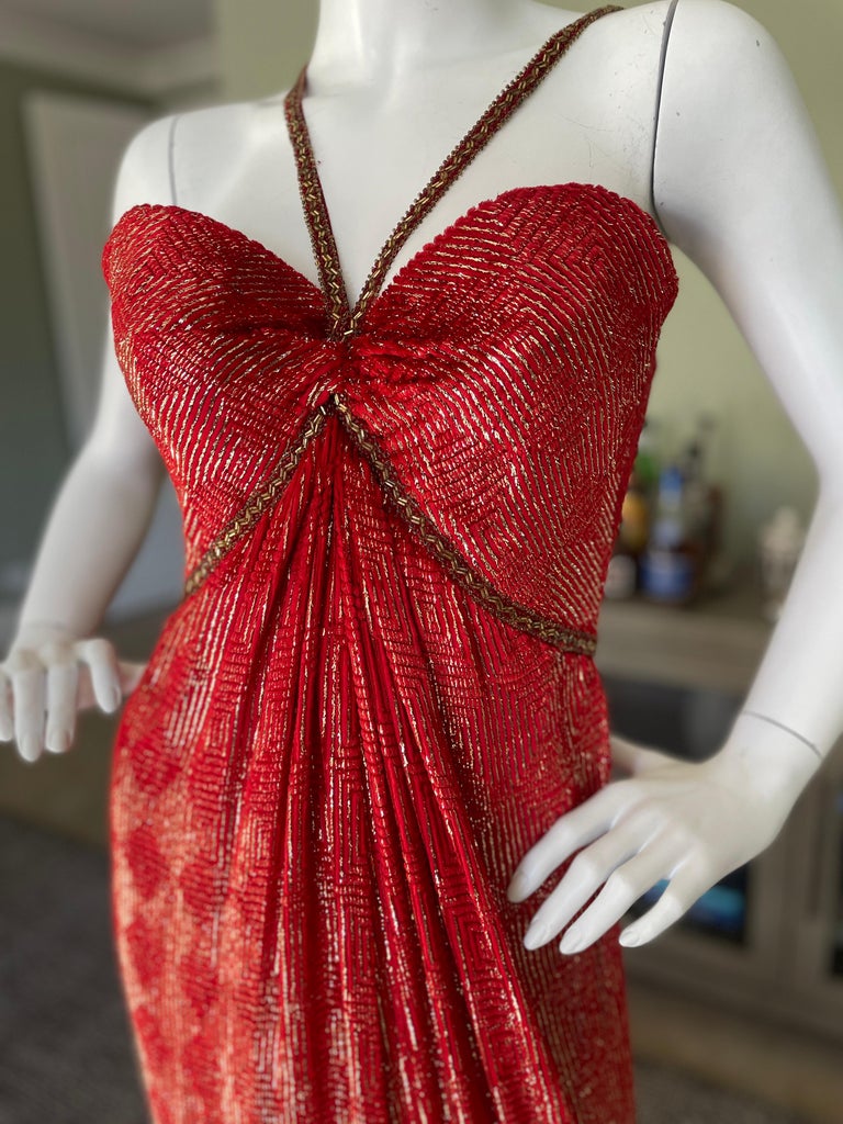 Bob Mackie 1970's Red and Gold Flocked Velvet Beaded Corset Dress For ...