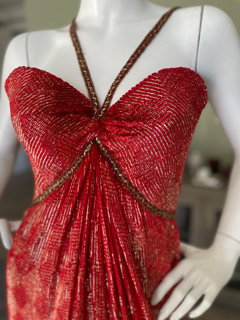 Bob Mackie 1970's Red and Gold Flocked Velvet Beaded Corset Dress For ...