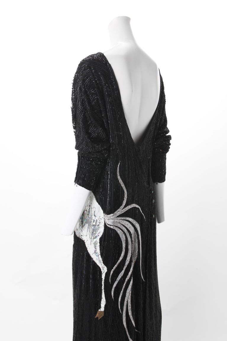 Bob Mackie Vintage Couture Black Silk Beaded Gown with Unicorn motif. c ...