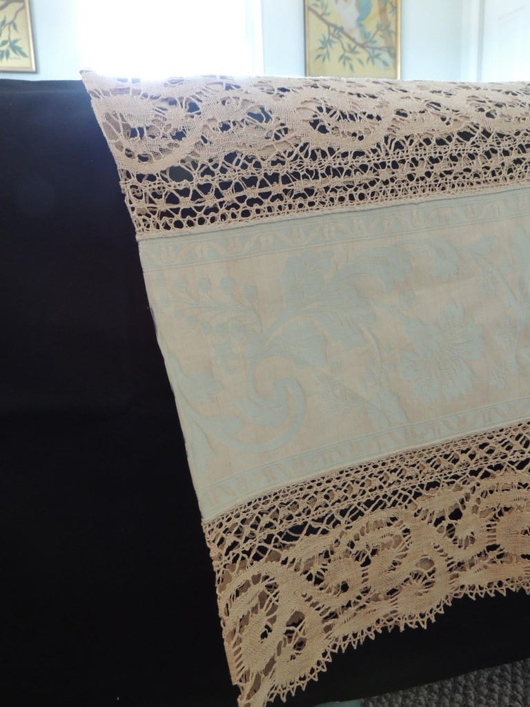 Bobbin Lace and Damask Bed Topper with Large Lace Center Panel at 1stDibs