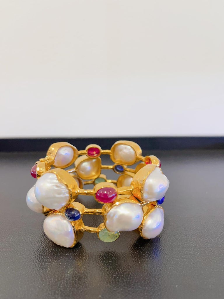 Baroque South Sea and Gem 22k Gold and Silver Bangle For Sale at 1stDibs