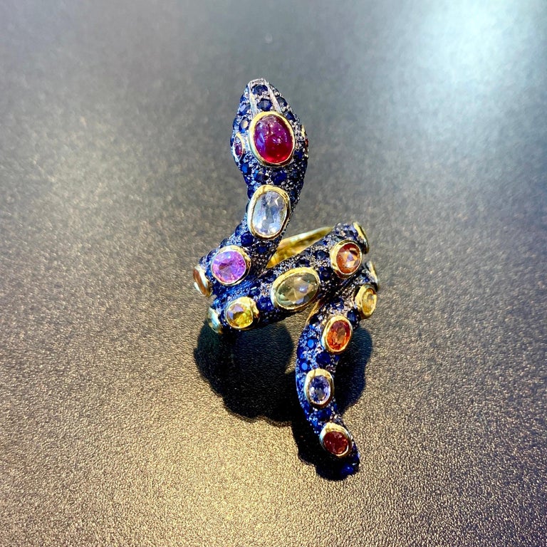 Bochic Candy Serpent Fancy Sapphire and Ruby Ring For Sale at 1stDibs