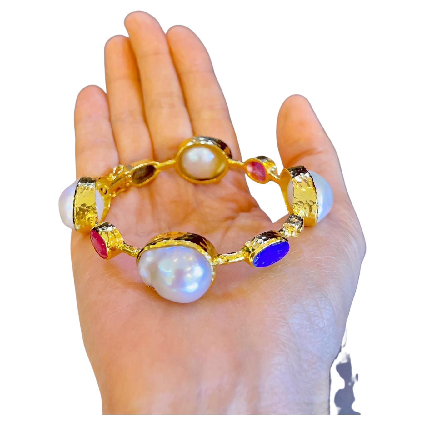 Bochic “Capri” Multi Natural Gem Bangle Set in 22k Gold and Silver For Sale at 1stDibs