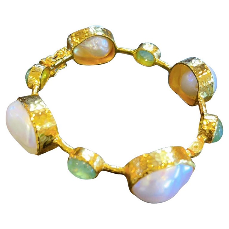 Bochic “Capri” Bangle, Emerald and South Sea Pearls Set in 22 Gold and Silver For Sale at 1stDibs