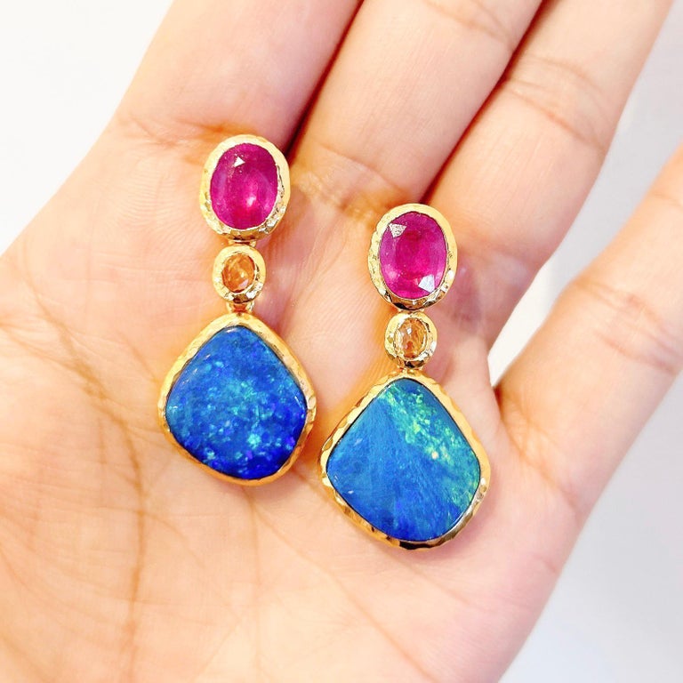 Bochic “Capri” Blue Opal, Ruby, Sapphire Earrings Set in 22k Gold and ...