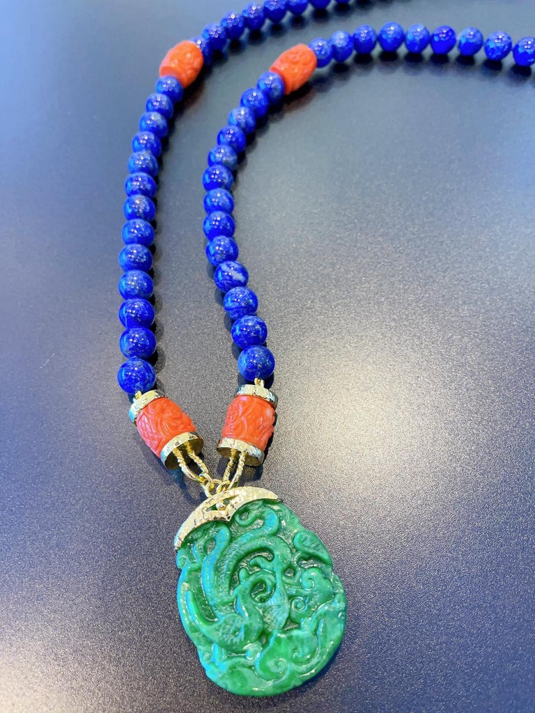 Bochic “Capri” Necklace, Crafting Green Jade, Coral and Lapis For Sale ...