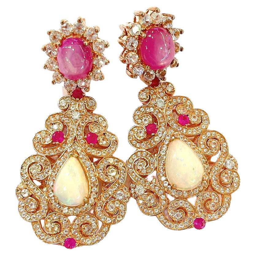 Bochic “Flamenco” Sapphire and Multi gem Chandelier Earrings Set 18K Gold&Silver For Sale at 1stDibs