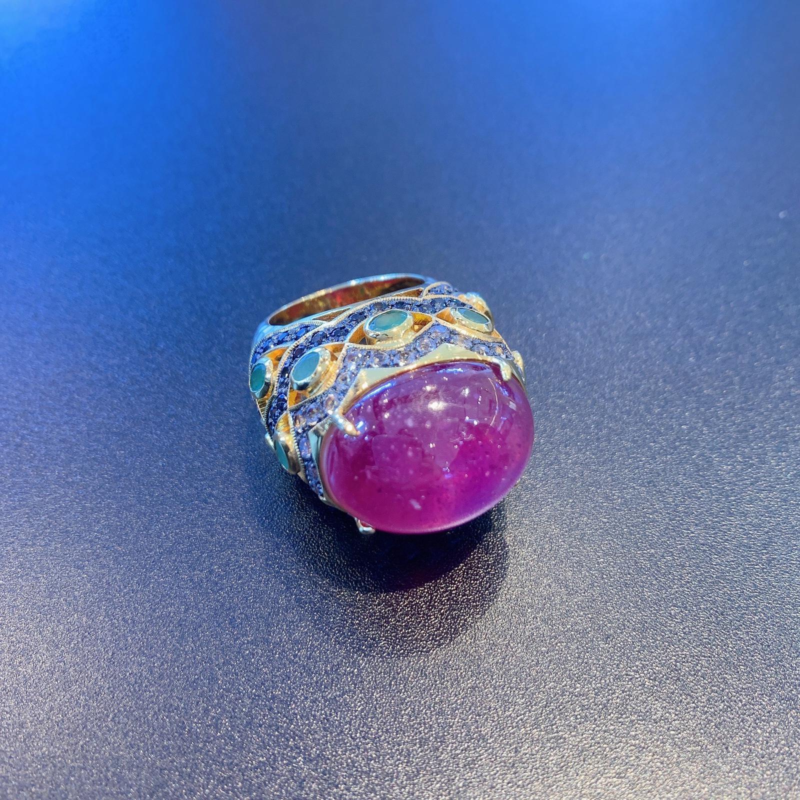 Natural Ruby 39 Carat Cocktail Ring with Emeralds and Sapphires at 1stDibs
