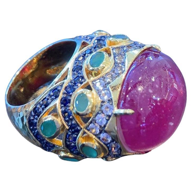 Natural Ruby 39 Carat Cocktail Ring with Emeralds and Sapphires at 1stDibs