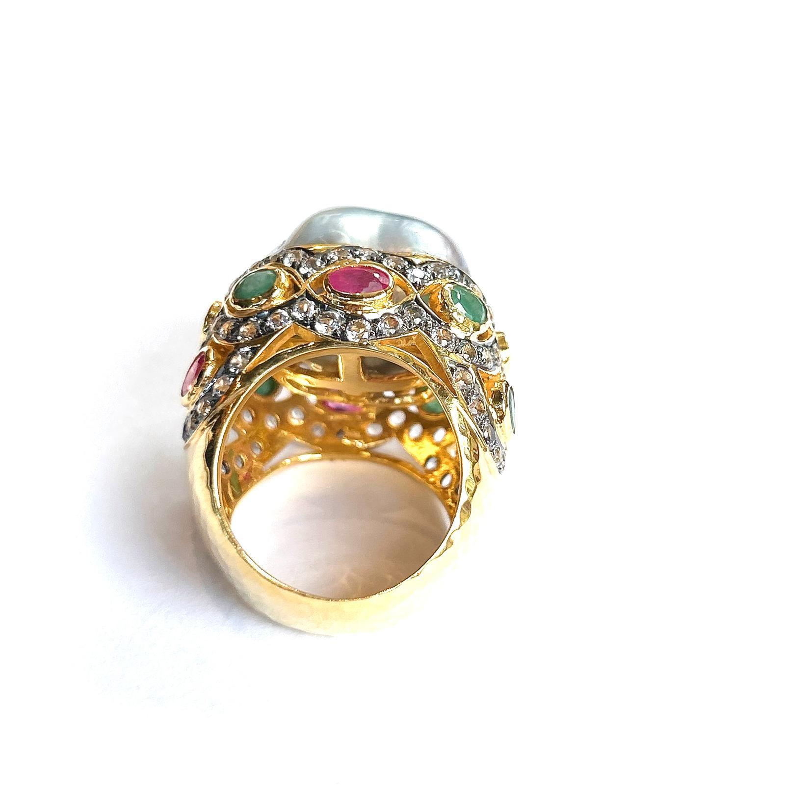 Bochic “Orient” Emerald, Ruby and Diamond Ring Set In 18K Gold and Silver For Sale at 1stDibs