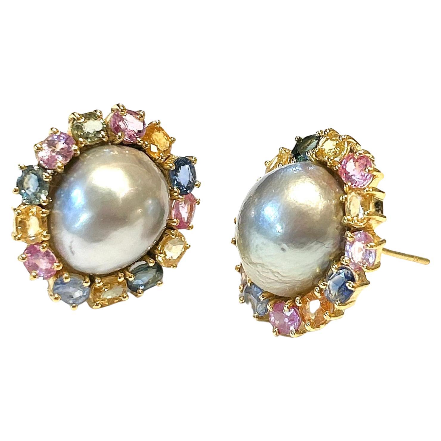 Bochic “Orient” Pearl and Multi Fancy Sapphire Earrings Set 18K Gold ...