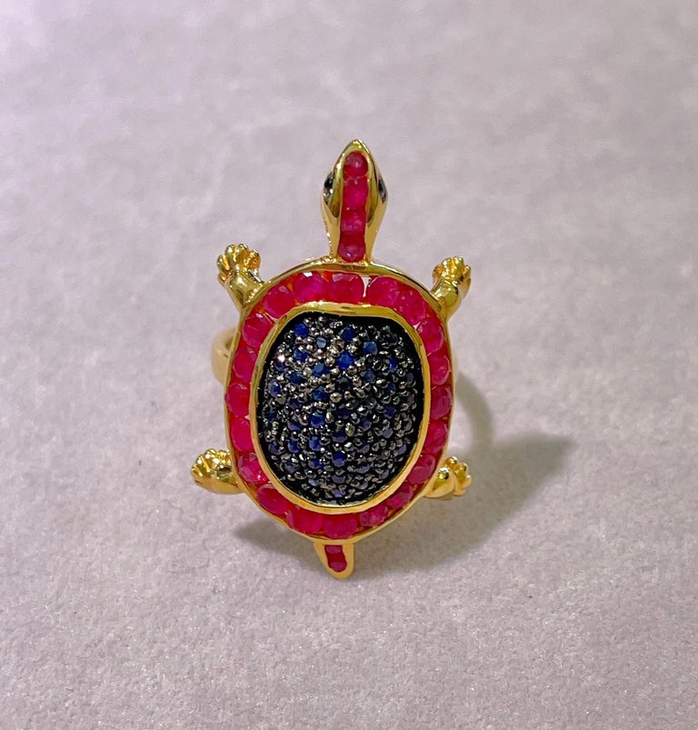 “Orient” Red Ruby and Blue Sapphire Cocktail Ring Set in 22k Gold and ...