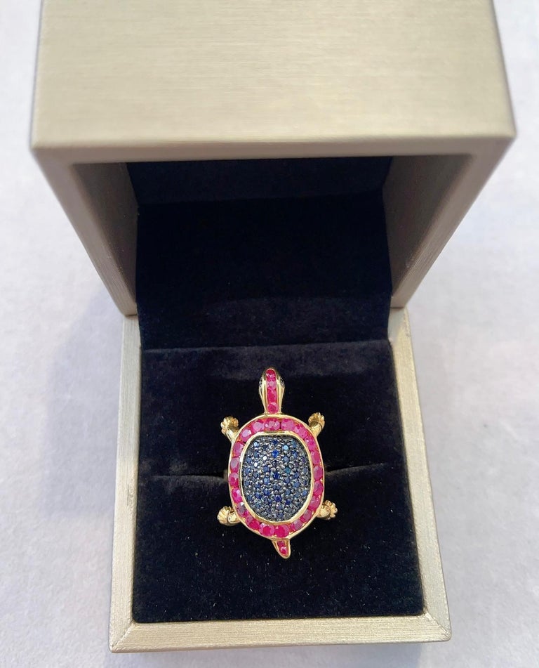“Orient” Red Ruby and Blue Sapphire Cocktail Ring Set in 22k Gold and ...