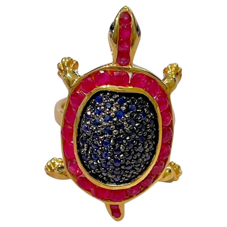 “Orient” Red Ruby and Blue Sapphire Cocktail Ring Set in 22k Gold and ...