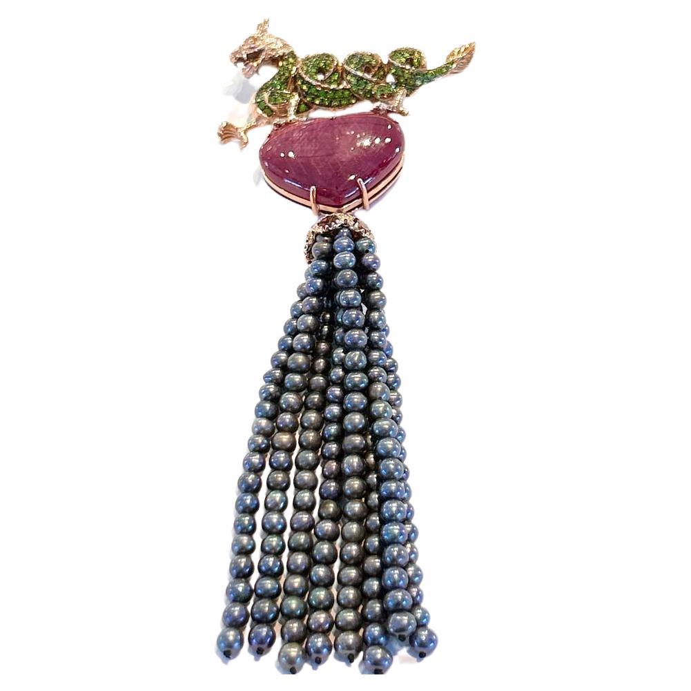 Bochic "Orient" Ruby and Multi Fancy Sapphires Brooch in 18K Gold and ...
