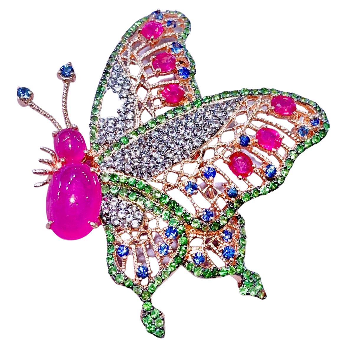 Bochic “Orient” Multi Color Fancy Color Sapphire Brooch Set in 22k Gold ...