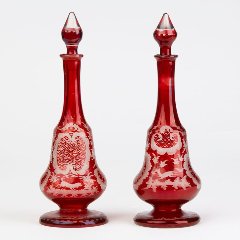Bohemian Antique Pair of Ruby Flashed Glass Decanters and Stoppers ...
